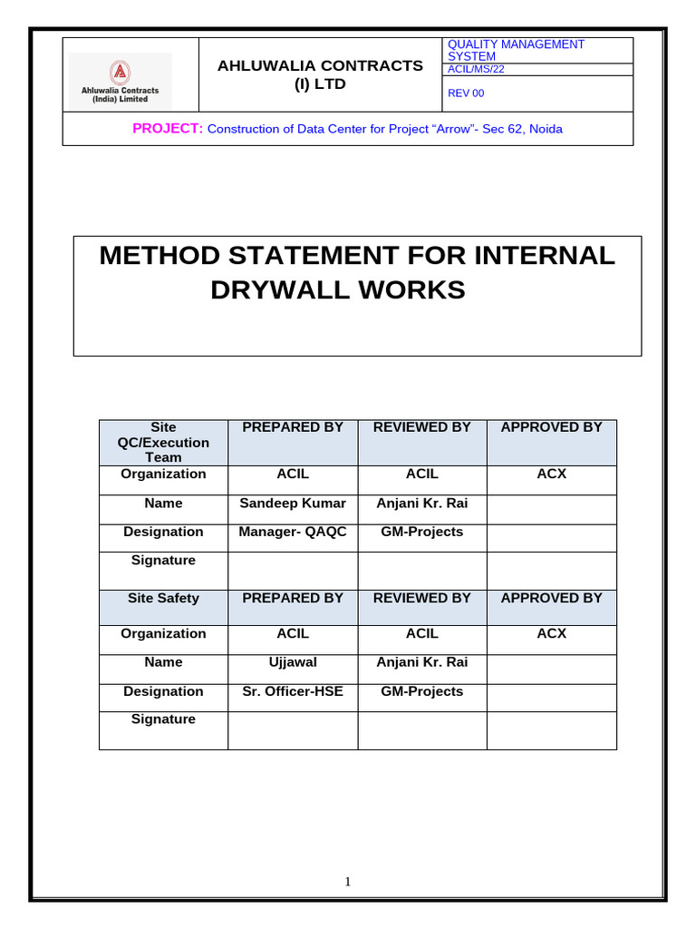 Method Statement for Drywall Works | PDF | Drywall | Building Materials