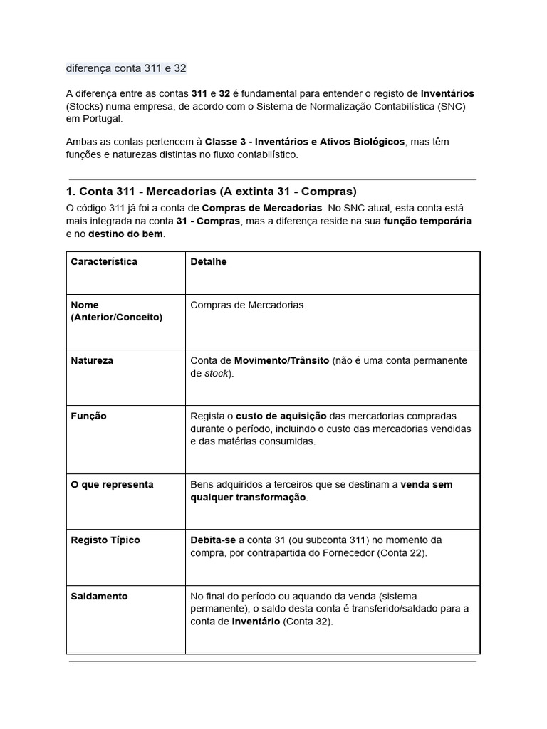 Diferença entre Contas 311 e 32 no SNC | PDF | Despesa | Inventário