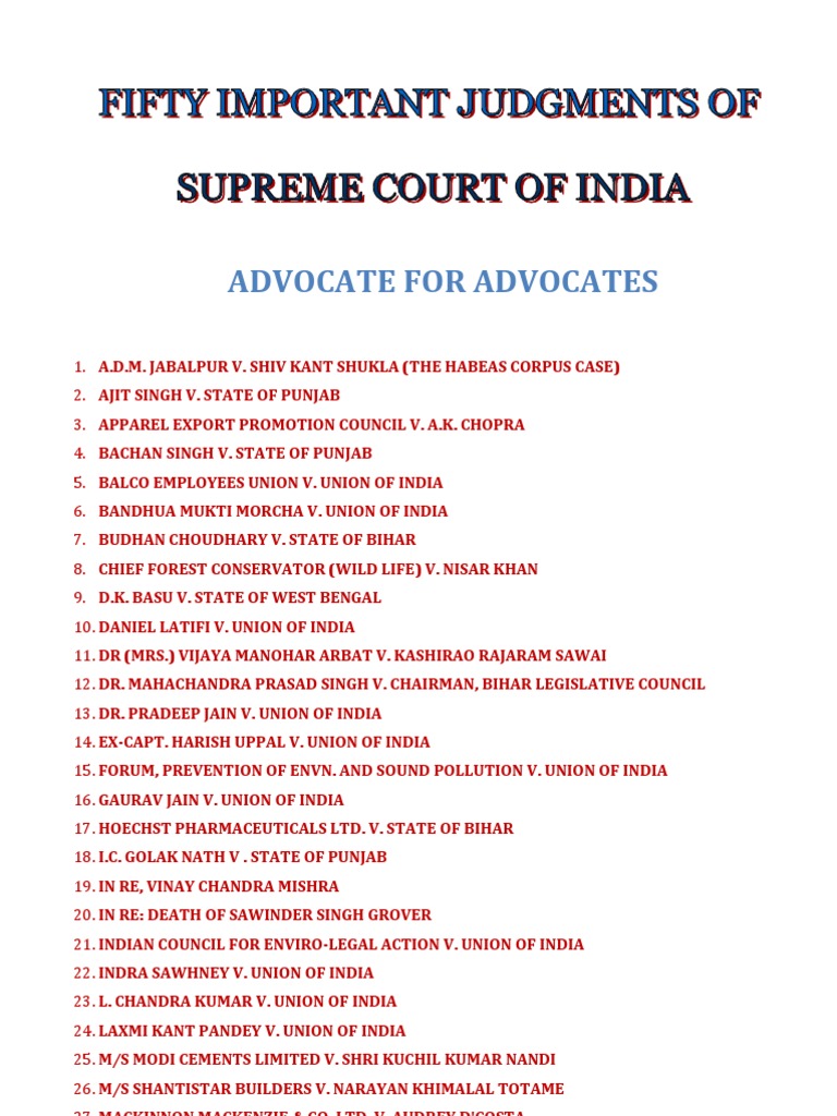 Fifty Important Judgments of Supreme Court of India | PDF | Supreme ...