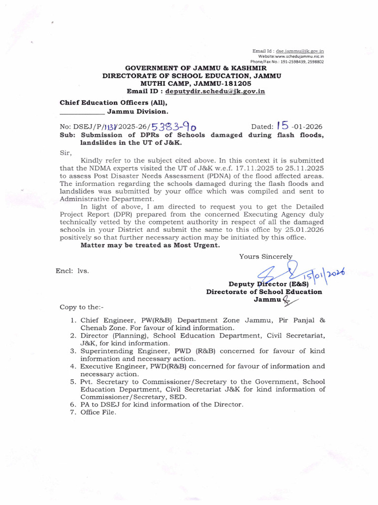 Submission of DPRs of Schools Damaged During Flash Floods, Landslides ...