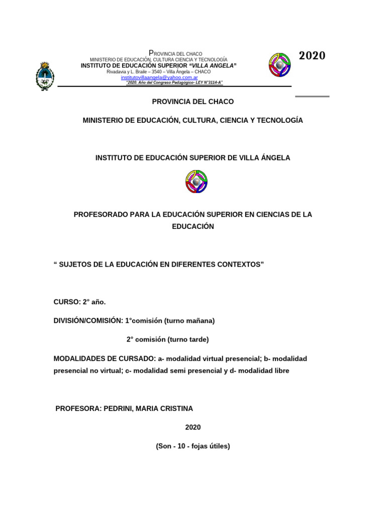 Programa Sujetos de La Educ. en Diversos Contextos 2020 | PDF | Enseñando | Aprendizaje