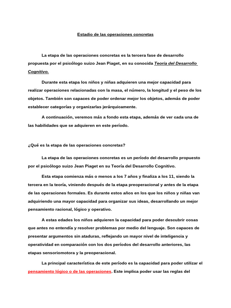 Piaget Periodo Operaciones Concretas | PDF | Pensamiento | Desarrollo ...