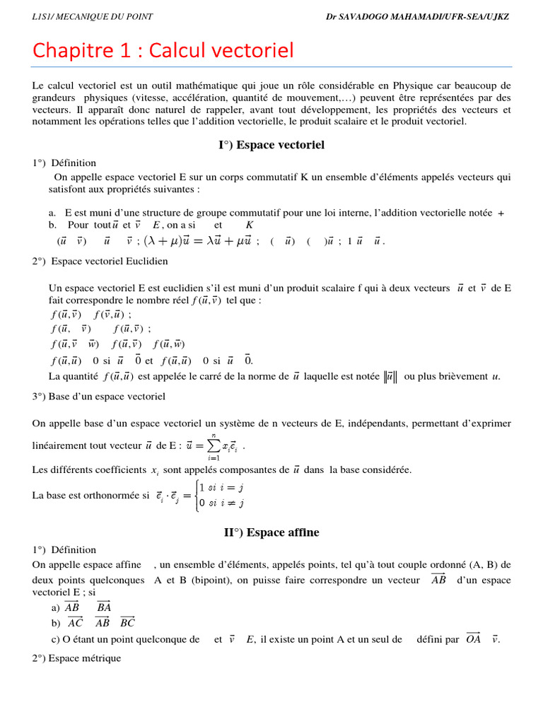 Introduction au calcul vectoriel en physique | PDF | Base (algèbre ...