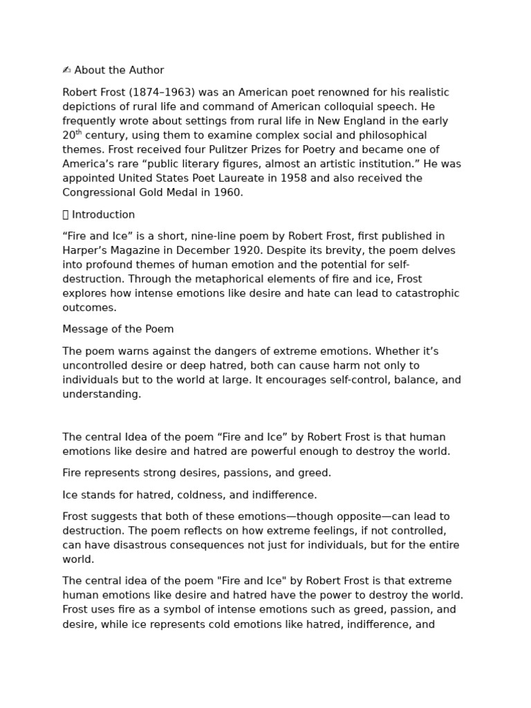Robert Frost's "Fire and Ice": Themes & Analysis | PDF | Poetry ...