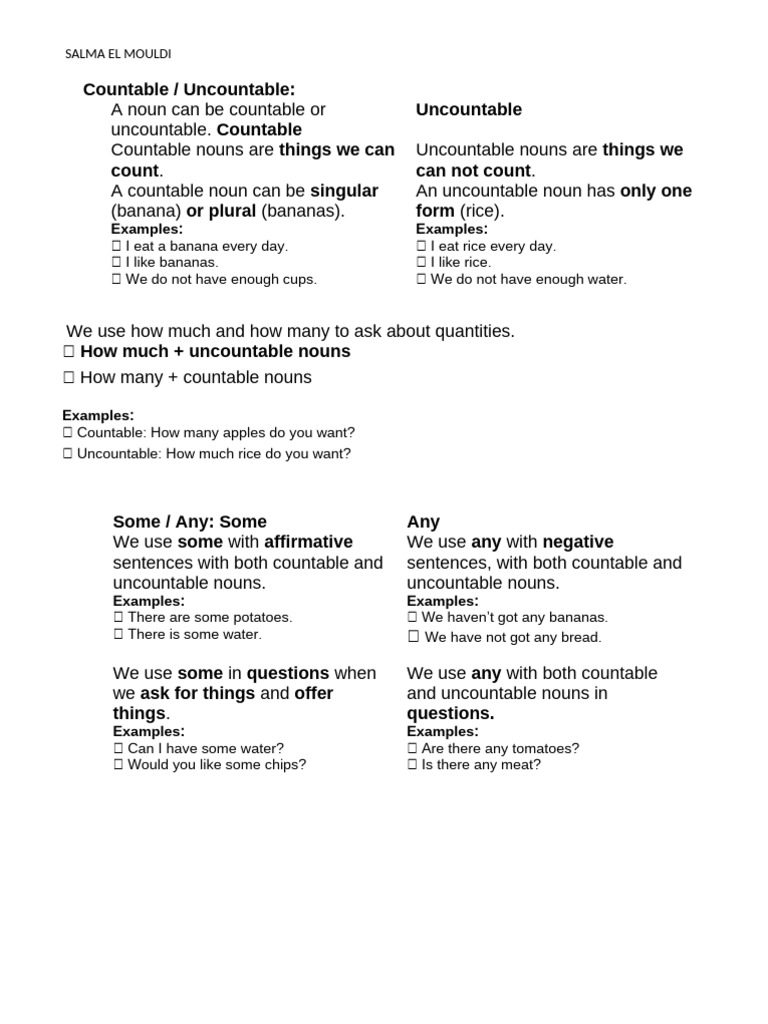 Countable vs Uncountable Nouns Guide | PDF