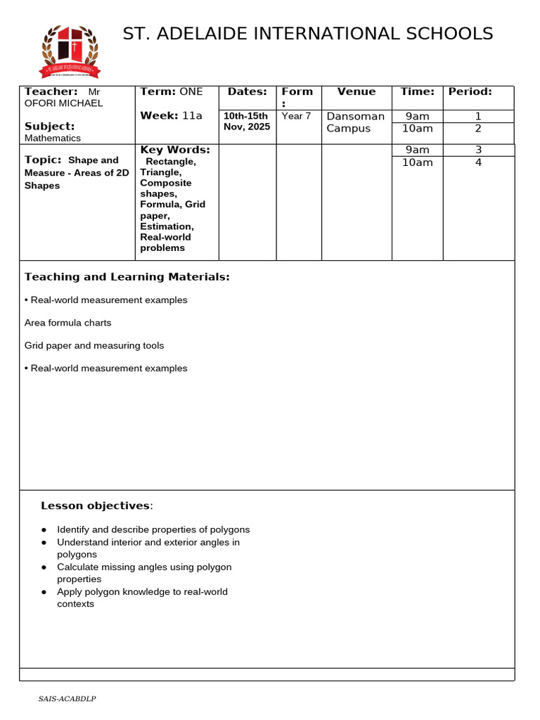 Year 7 Maths Lesson Plan Week 11 ( Mr Ofori ) | PDF | Area | Shape