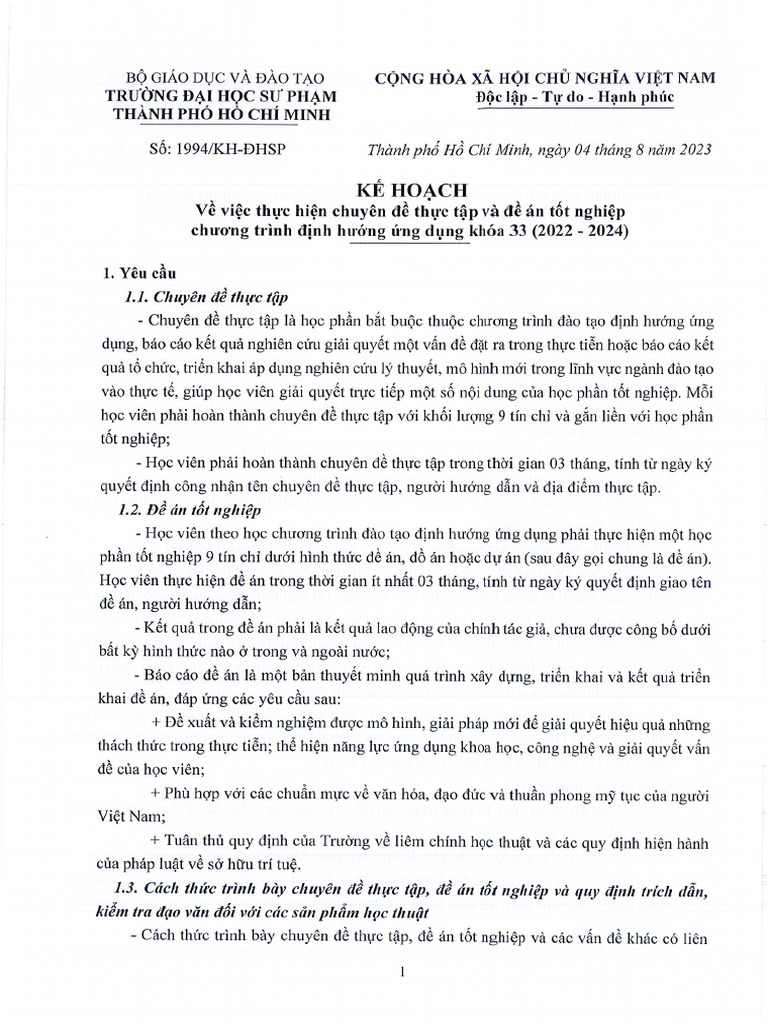1994 04.8.2023 KH Thực Hiện Chuyên Đề Thực Tập Và Đề Án Tốt Nghiệp Chương Trình ĐHUD Khóa 33 ...