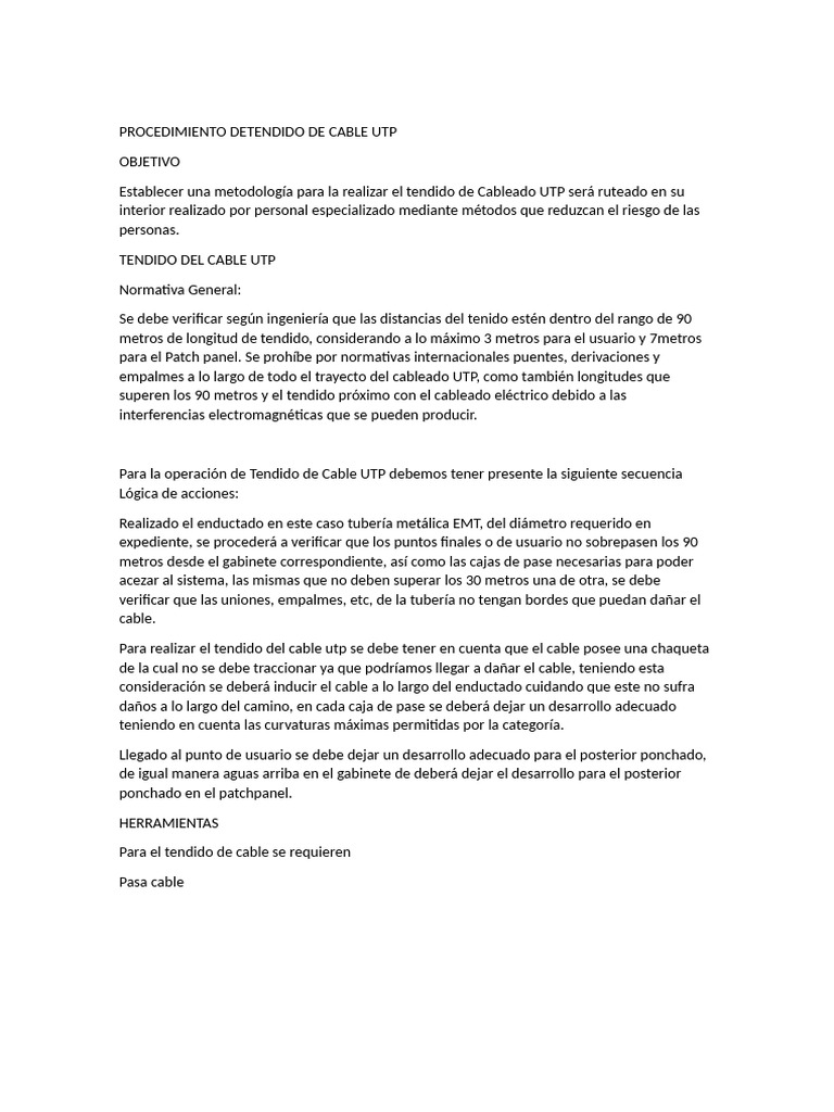 12 Informe - Procedimiento Tendido Cable UTP | PDF