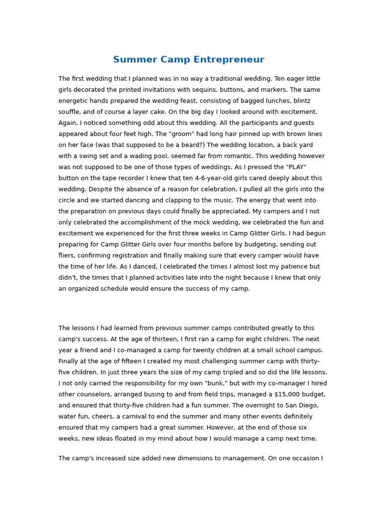 Summer Camp Entrepreneur | PDF