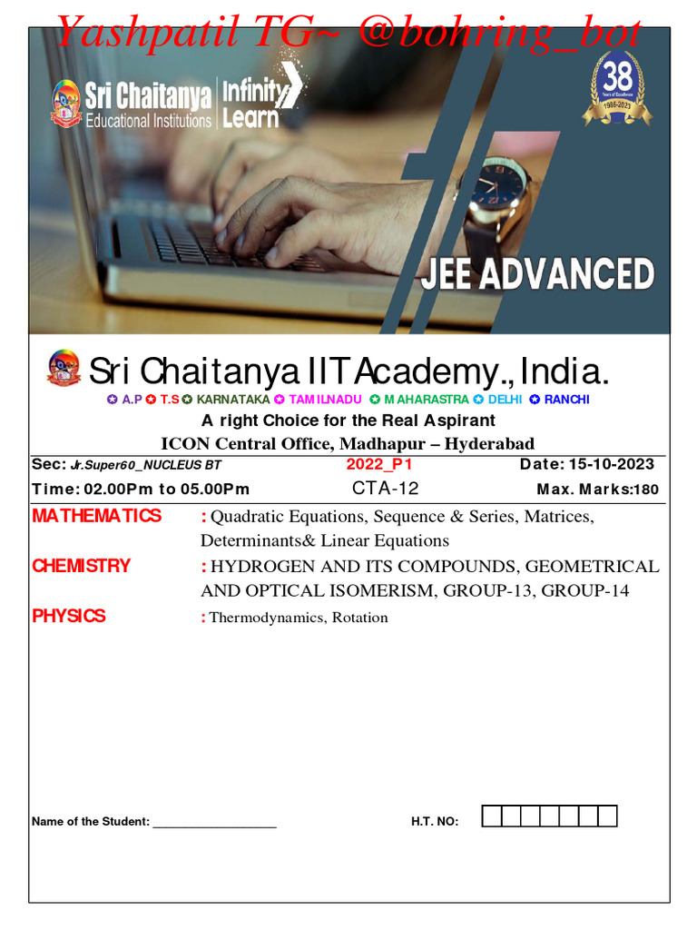 15 10 23 Jr Super60 Nucleus Bt Jee Adv2022 p1 Cta 12 q Paper | PDF ...