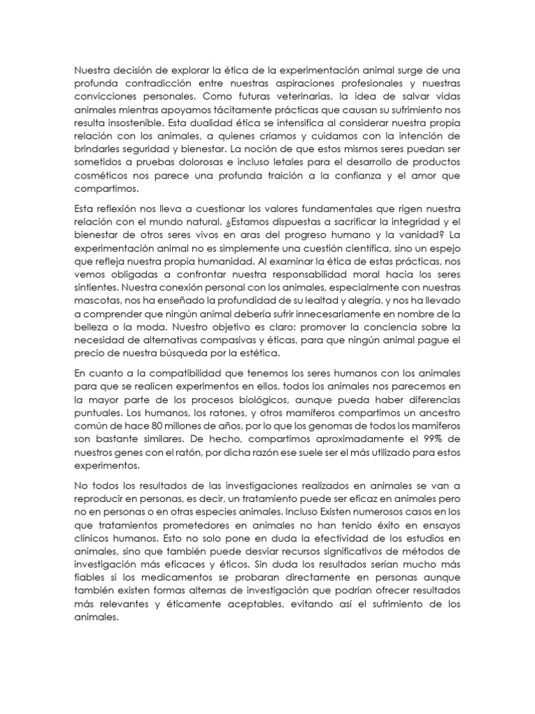 Ensayo Experimentacion Animal | PDF | Pruebas en animales | Bienestar ...