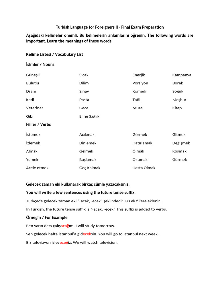 Turkish Language for Foreigners II - Final Exam Preparation | PDF