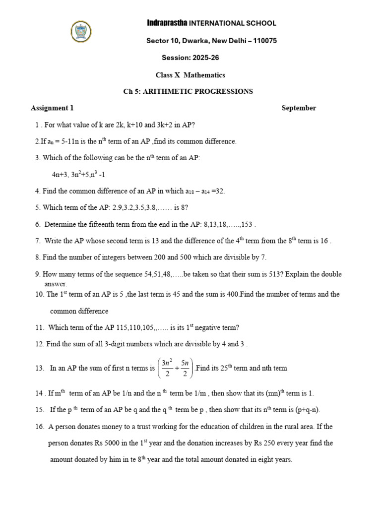 Class X Arithmetic Progressions Assignment | PDF