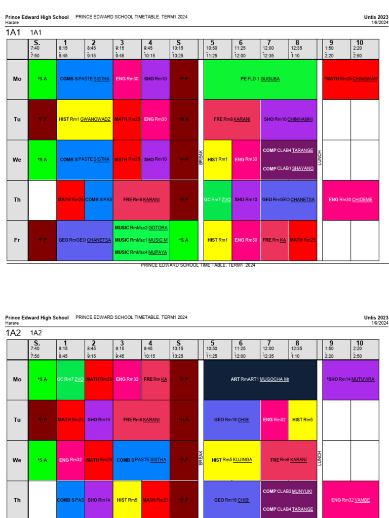 Prince Edward School Term 1 Timetable 2024 | PDF | Zimbabwe | Schools