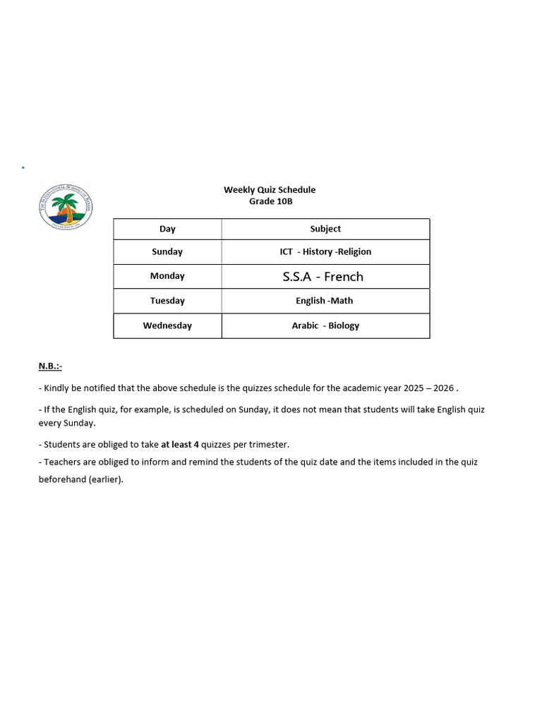 Grade 10B Weekly Quiz Schedule 2025-2026 | PDF