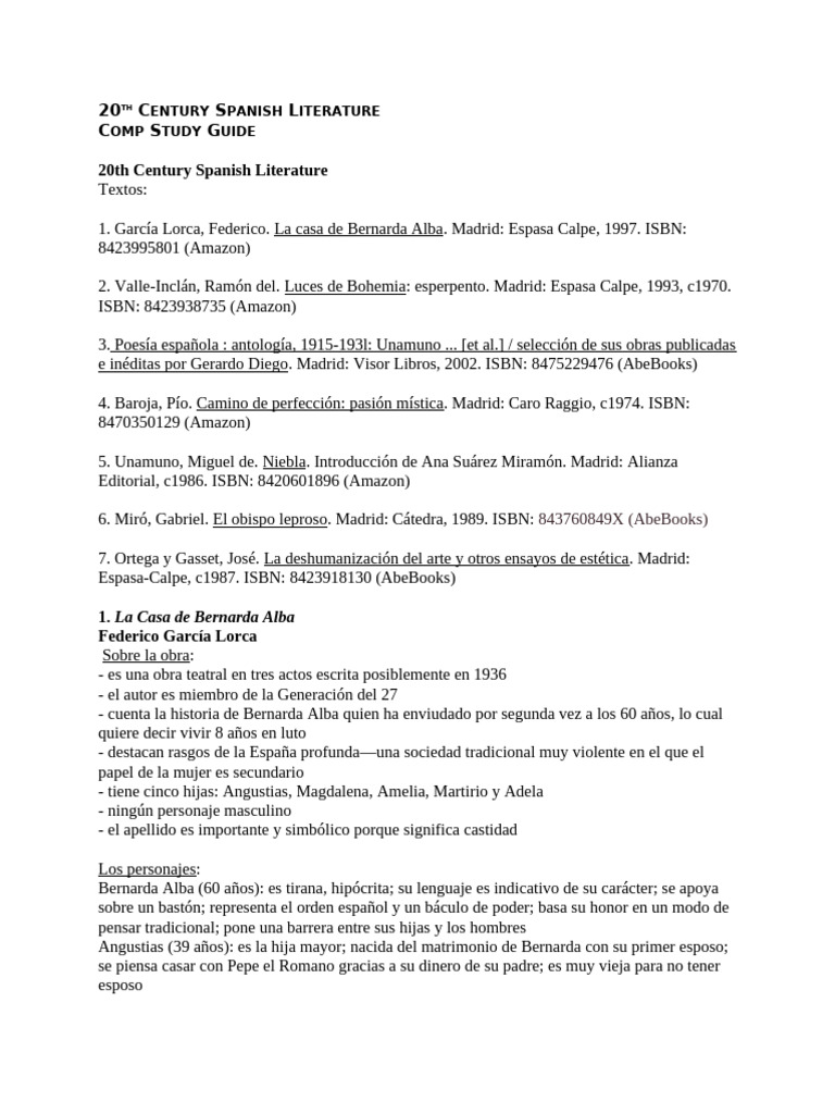20th Century Spanish Lit - Comp Study Guide | PDF | Ensayos