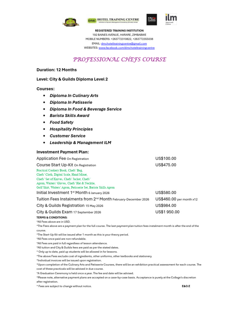 Professional Chefs Course in Harare | PDF | Chef