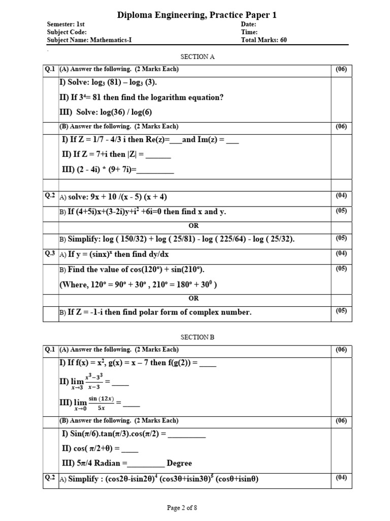 Diploma Engineering Mathematics Practice Papers | PDF | Combinatorics ...