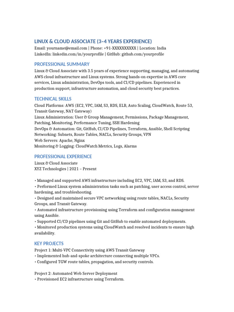 Linux Cloud Associate DevOps ATS CV | PDF