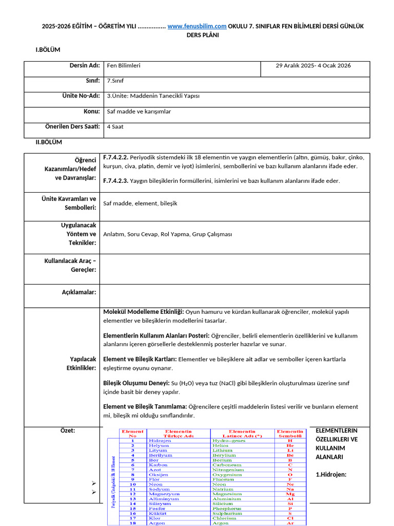 7.SINIF-Fen-Bilimleri-16.Hafta-GUNLUK-DERS-PLANI-fenusbilim | PDF