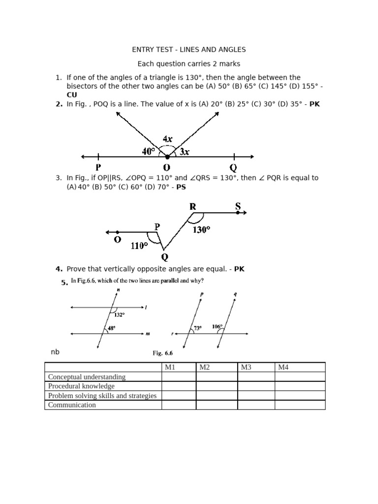 Entry Test - Lines and Angles | PDF