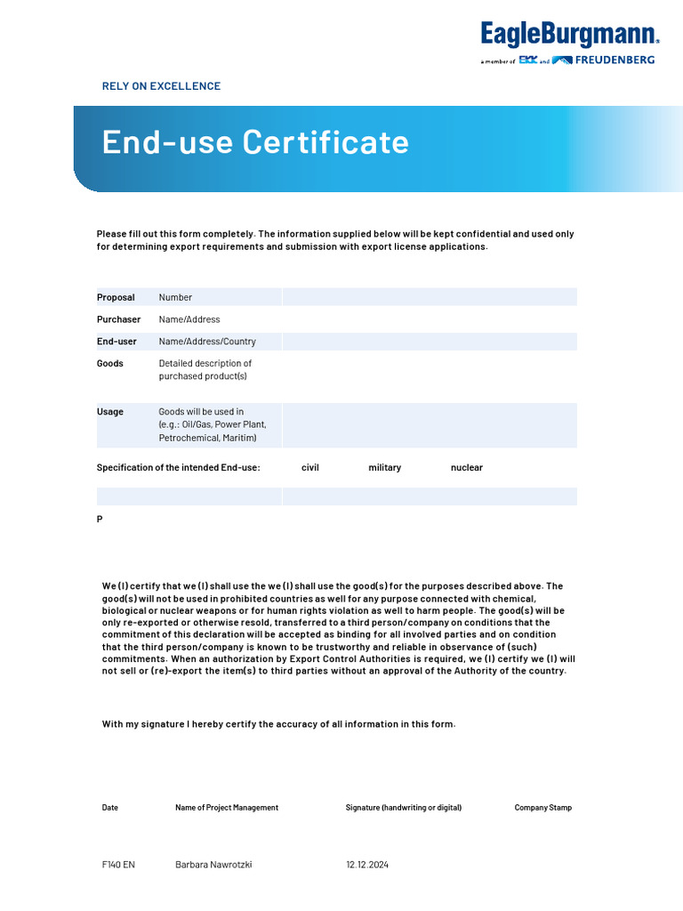 End-use Certificate EagleBurgmann F140-En | PDF