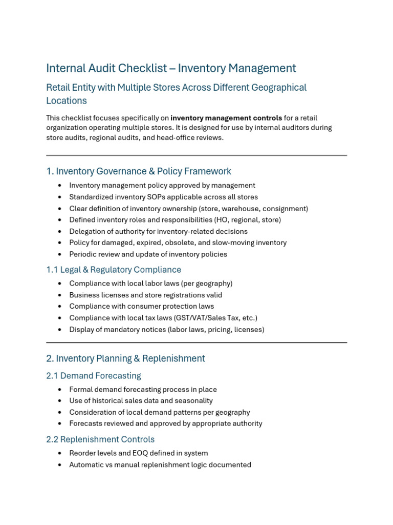 Internal Audit Checklist – Inventory Management (Retail) | PDF ...