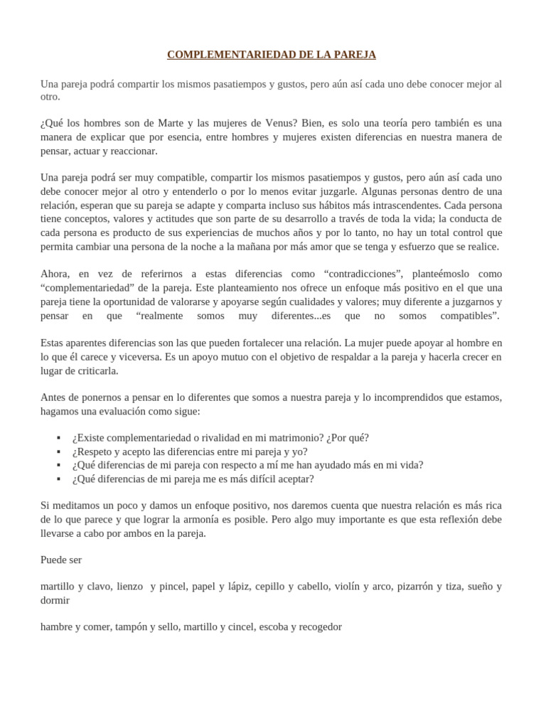 Complementariedad en la Pareja: Clave Relacional | PDF | Conceptos ...