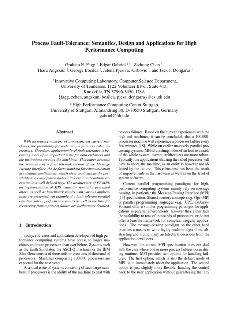 Process Fault-Tolerance: Semantics, Design and Applications For High Performance Computing | PDF ...