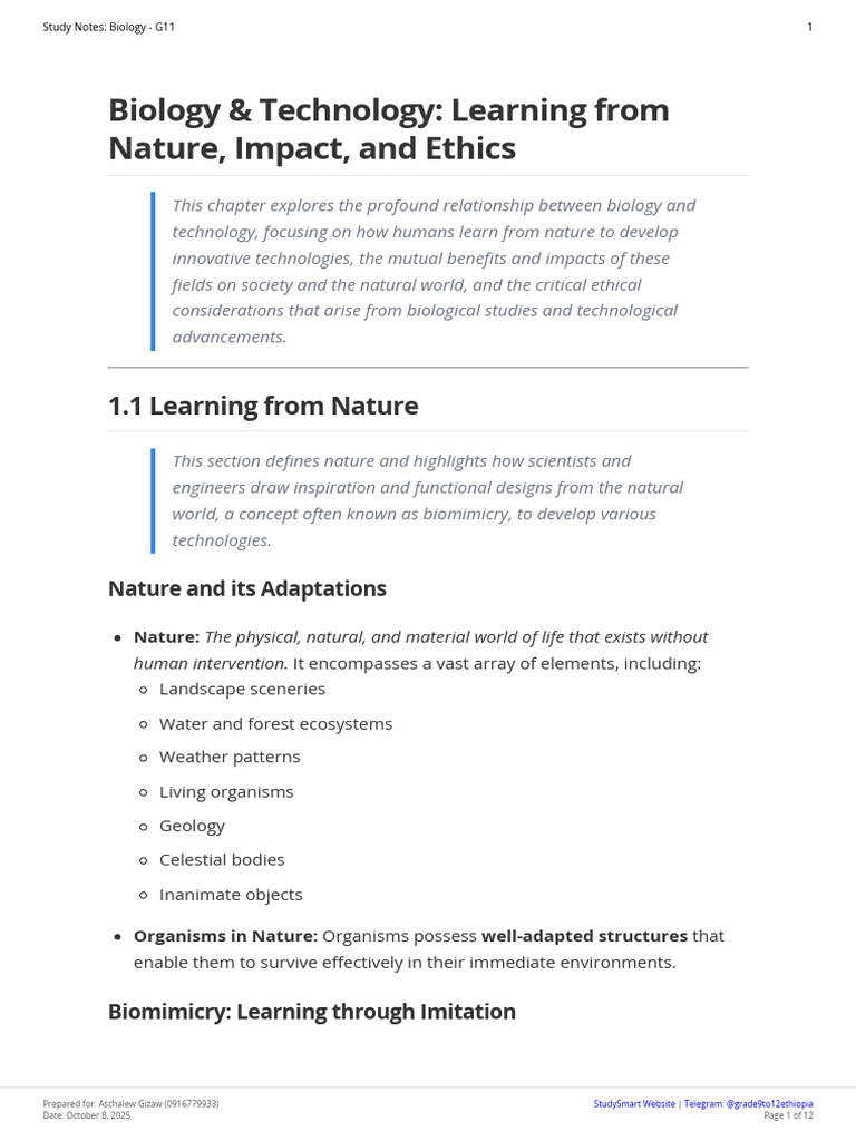 Grade 11 Biology Unit Unit One Biology and Technology 1 1 Learning ...