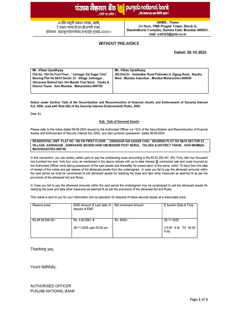 Notice for Sale of Secured Assets | PDF