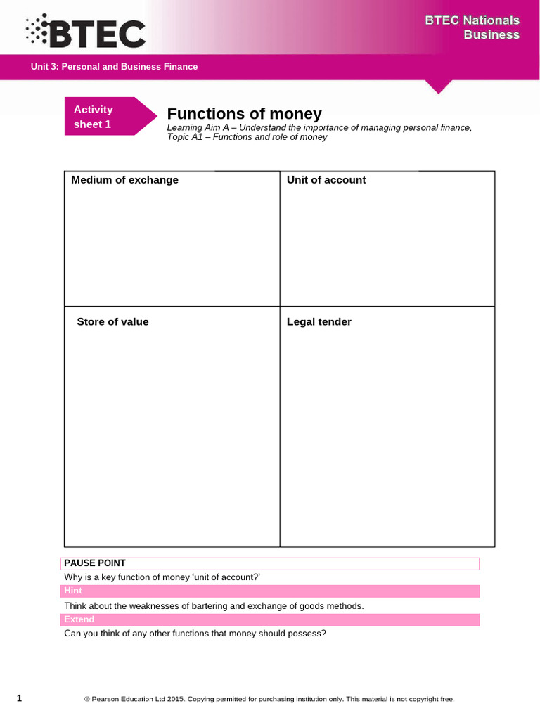The Functions of Money Worksheet | PDF