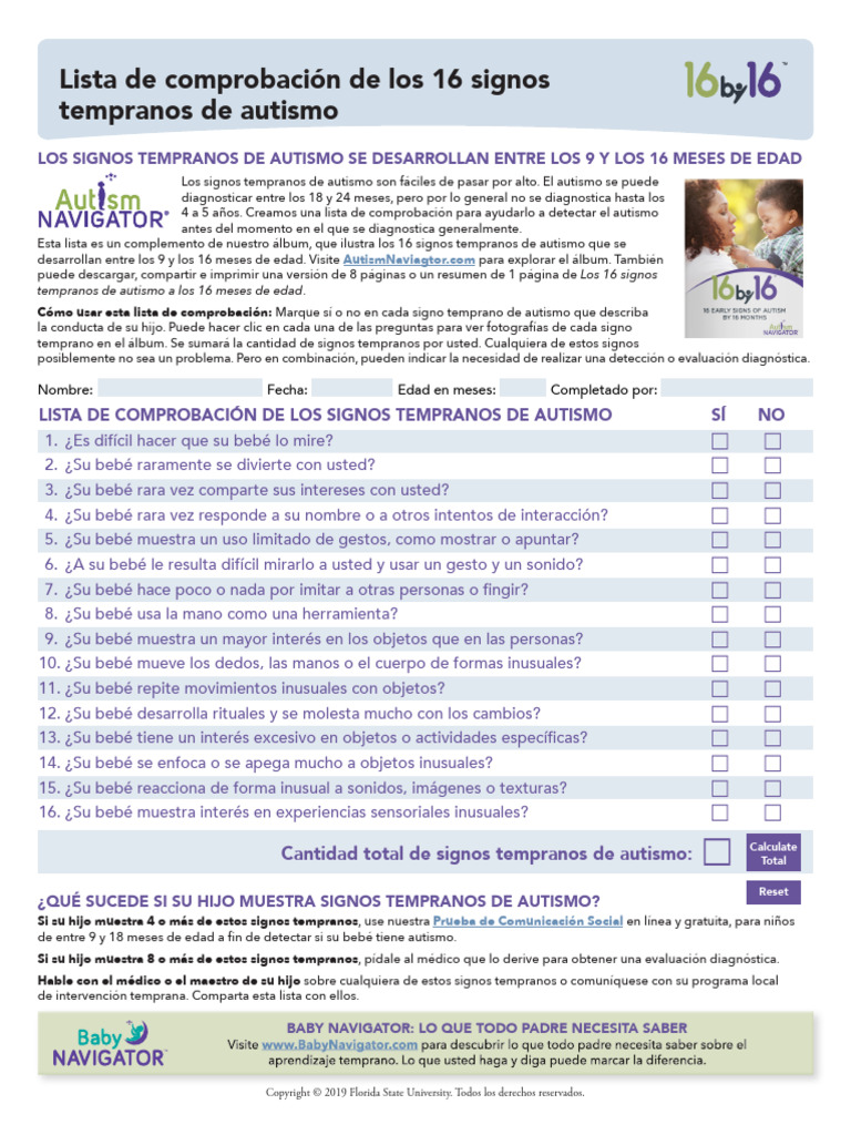 Checklist of 16 Early Signs of Autism Spanish Fillable 0919 | PDF ...