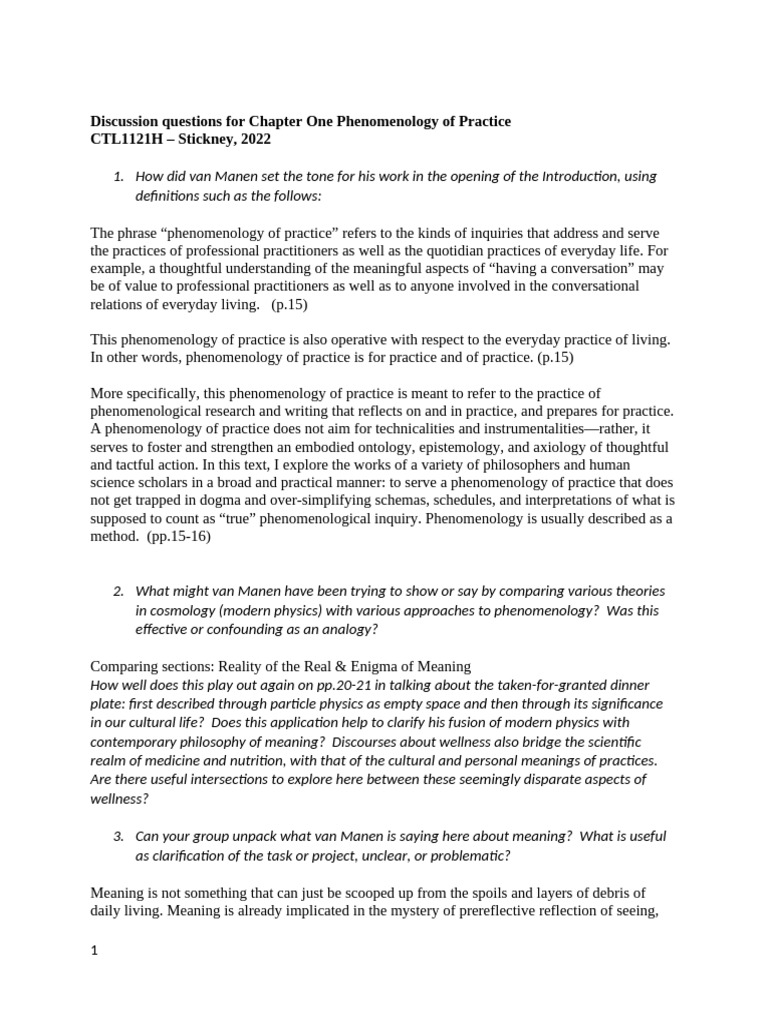 Discussion Questions on Phenomenology | PDF | Phenomenology (Philosophy)