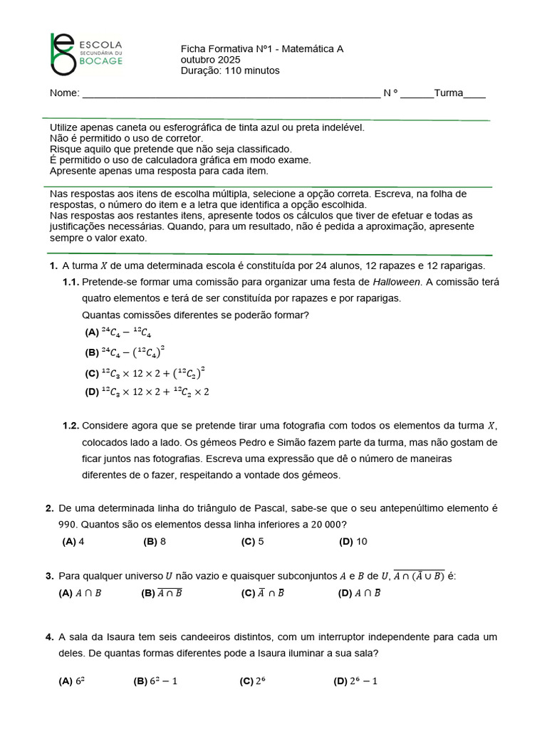 Ficha Formativa Nº1 12 Ano 25-26 | PDF | Matemática