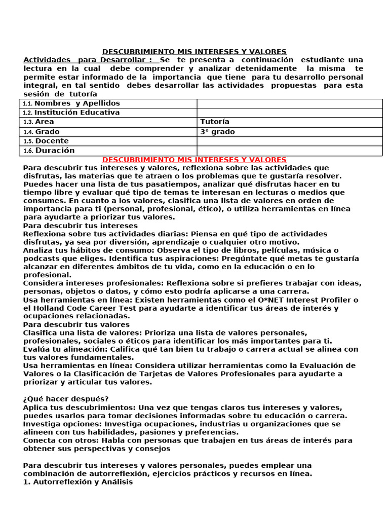 Descubre tus Intereses y Valores Personales | PDF