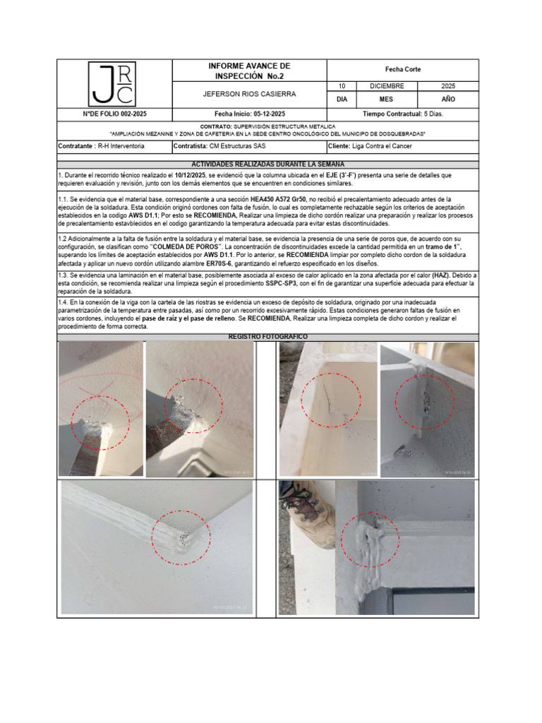 2025-12-11 Informe Técnico de Avance 002 (10-12-2025) | PDF | Soldadura | Construcción