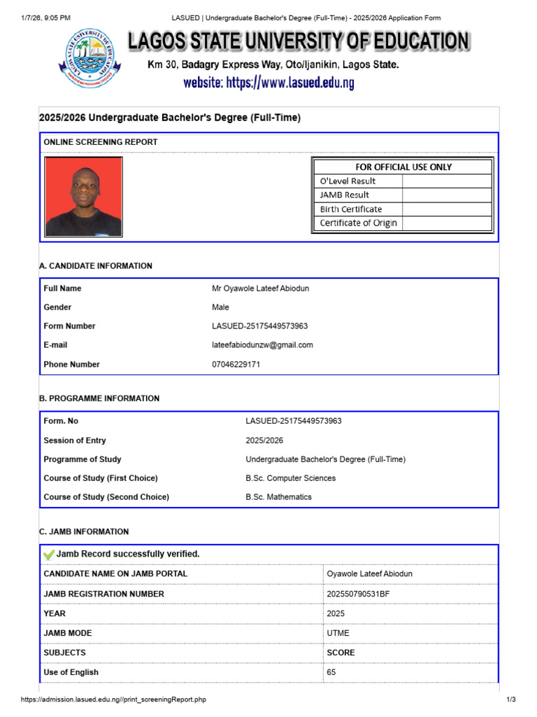 LASUED 2025/2026 Admission Screening Report | PDF | Academic Degree ...