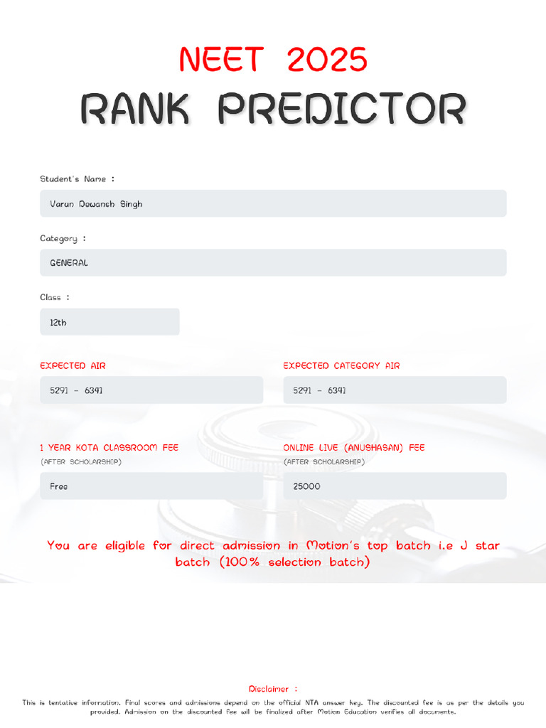 NEET 2025 Rank Prediction | PDF