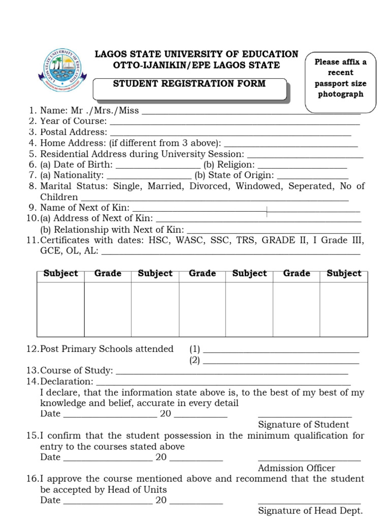 Student Registration Form __ Lagos State University of Education | PDF ...