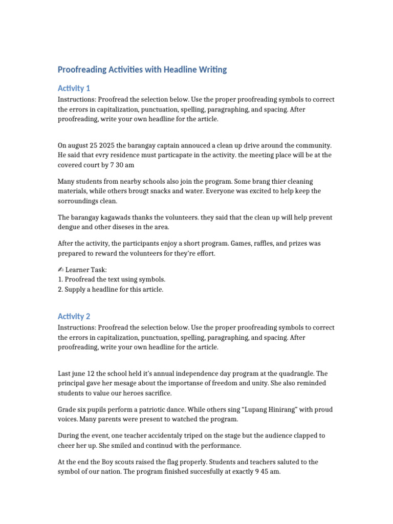 Proofreading and Headline Writing Exercises | PDF
