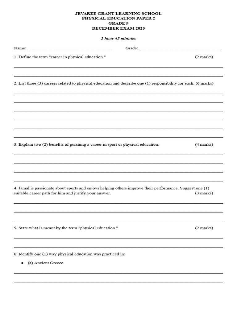 Grade 9 Physical Education Exam Guide | PDF | Physical Education