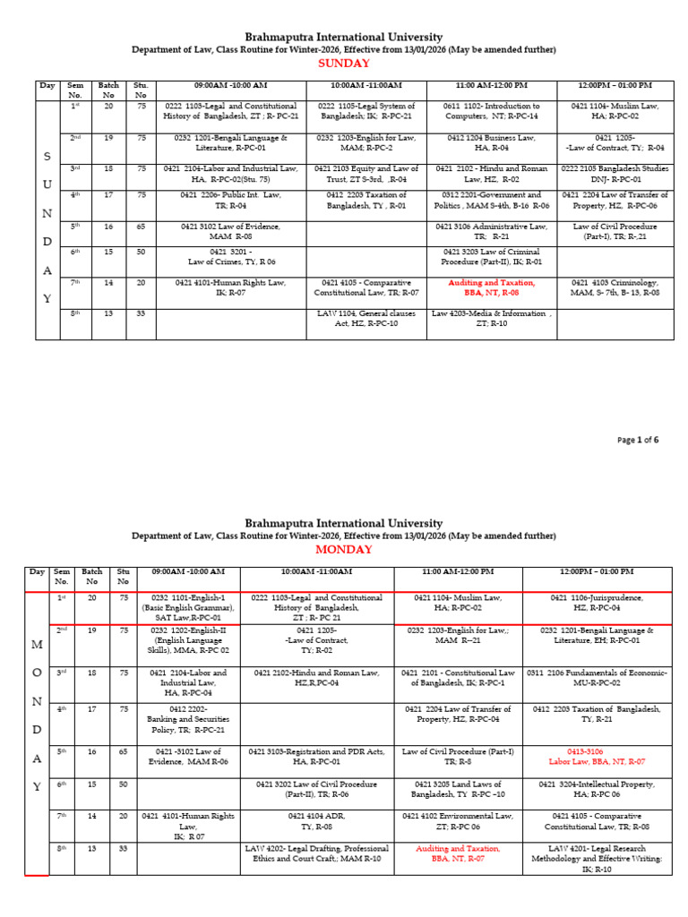 Class Routine.law.13.01.2026 | PDF | Justice | Crime & Violence