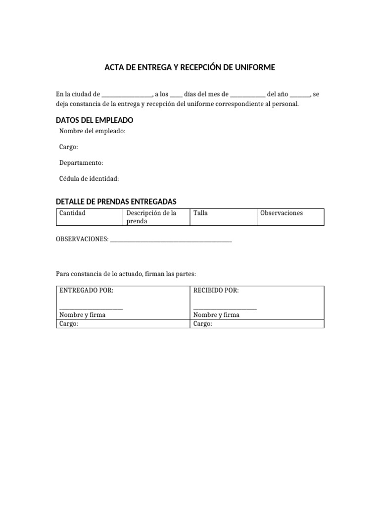 Acta De Entrega De Uniforme Laboral Pdf