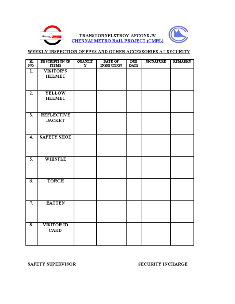 Weekly PPE Inspection Checklist | PDF | Technology & Engineering