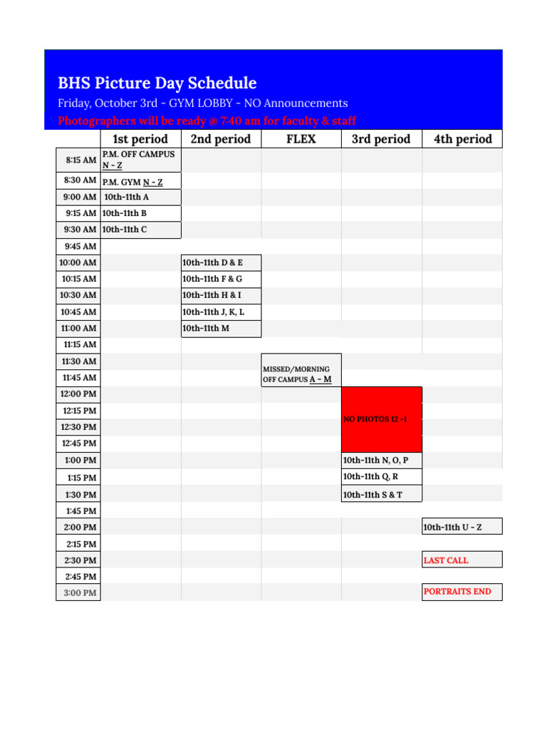 BHS Picture Day Schedule 2023 | PDF