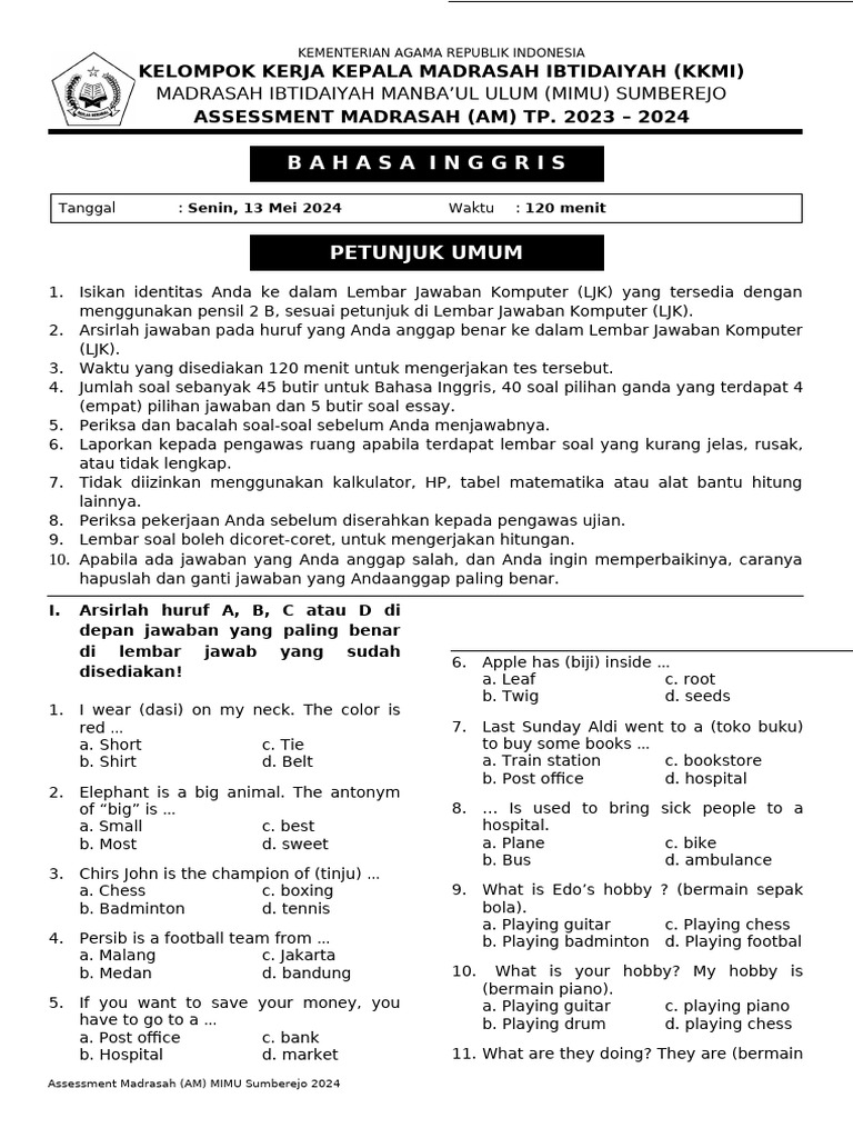 Bahasa Inggris Soal AM TP. 2023 - 2024 | PDF