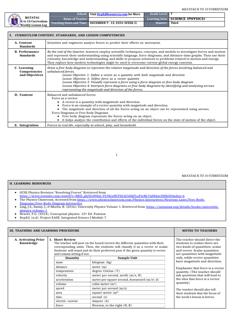 Dll Matatag _science 7 q3 w2 | PDF | Force | Euclidean Vector