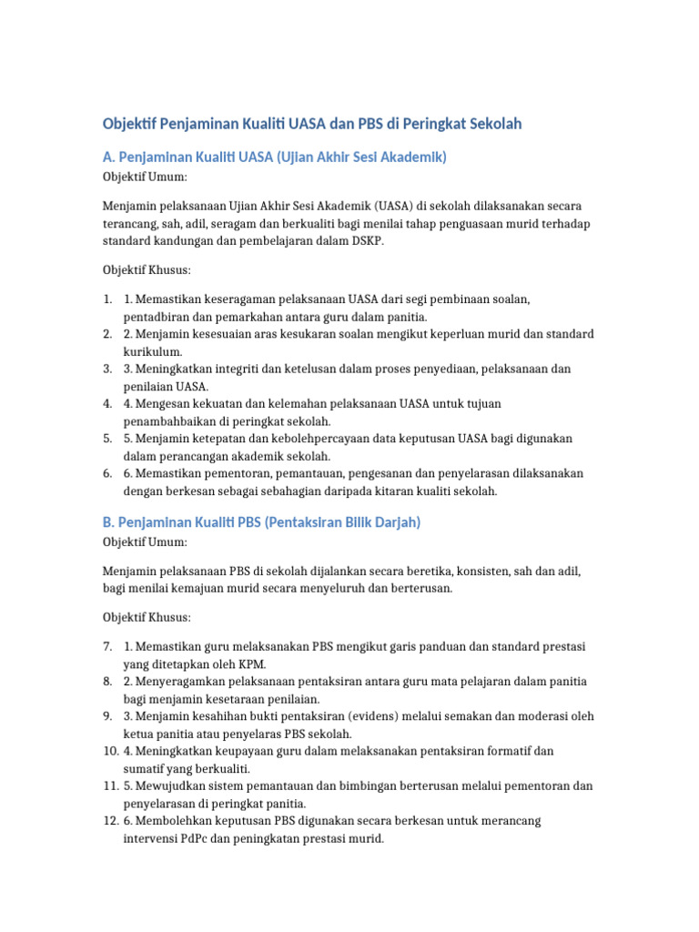Objektif Penjaminan Kualiti UASA Dan PBS Sekolah v2 | PDF