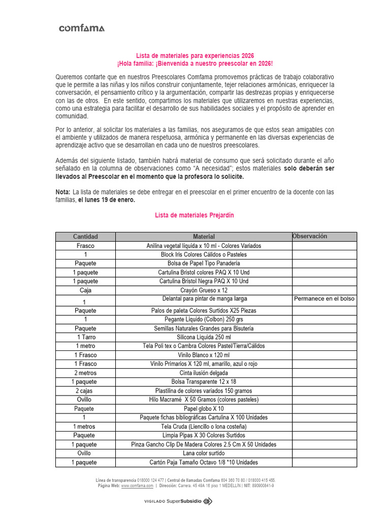 Lista de Útiles Escolares 2026 Prejardín (1) | PDF | Educación de la primera infancia